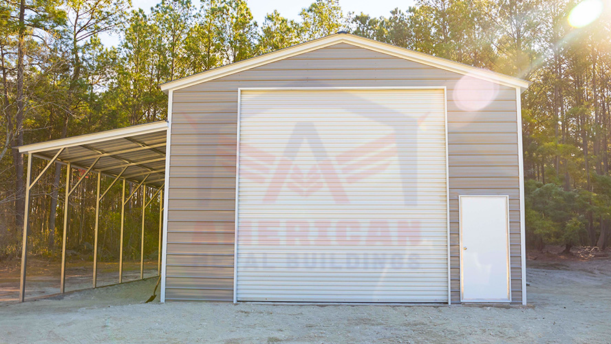 24x40x14’2”/10 Vertical Roof Garage With Lean-To - American Metal Buildings